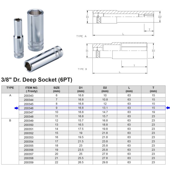3/8” LONG 6-POINT SOCKET 9 MM - Matthys