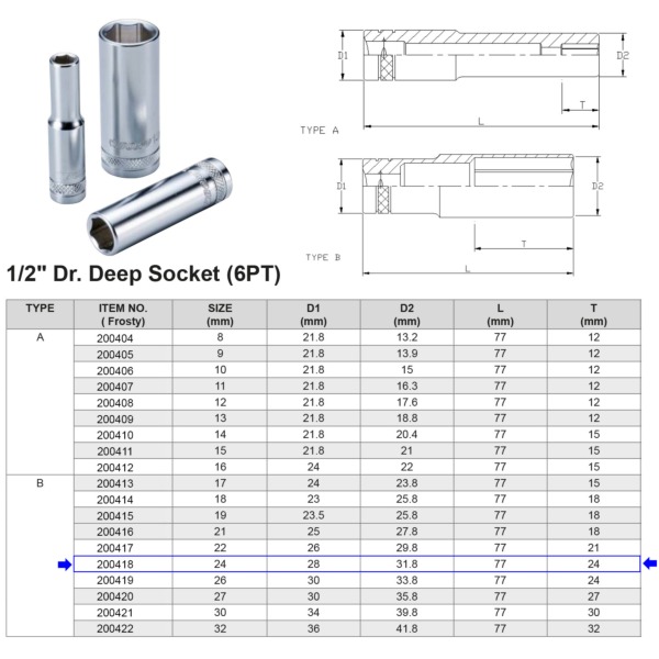1/2” LONG 6-POINT SOCKET 24 MM - Matthys