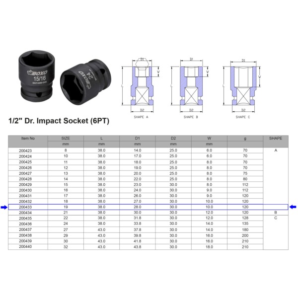 1/2” 6-POINT (HEX) IMPACT SOCKET 19 MM - Matthys