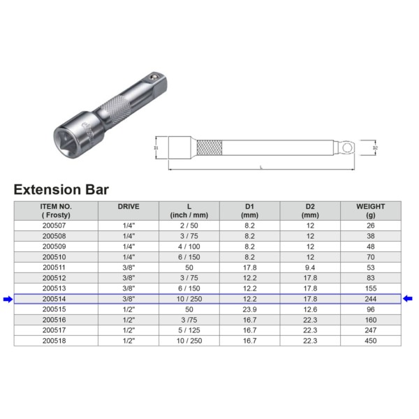 3/8” EXTENSION BAR 250 MM - Matthys
